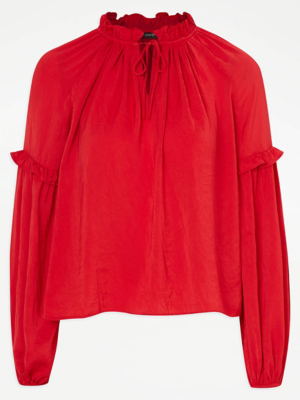 Red Ruffle Tie Neck Satin Blouse | Women | George at ASDA