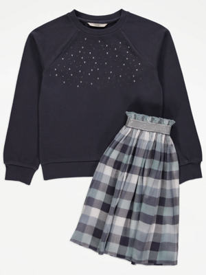 Navy Sparkle Sweatshirt and Grey Checked Skirt Outfit | Kids | George ...
