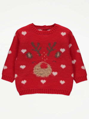 Red Heart Reindeer Knitted Christmas Jumper | Baby | George at ASDA