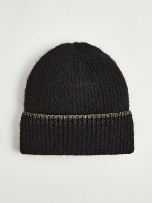 Black Knitted Glitter Trim Beanie Hat | Women | George at ASDA