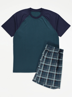 Navy Raglan Sleeve Checked Short Pyjamas | Men | George at ASDA