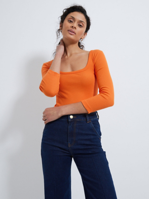 Orange Square Neck Ribbed Long Sleeve Top | Women | George at ASDA