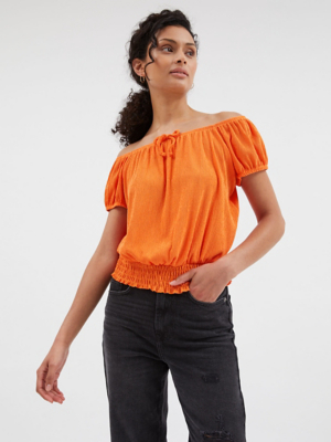 Orange Shirred Bubble Hem Bardot Top | Women | George at ASDA