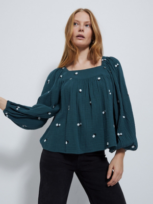 Teal Embroidered Cheesecloth Blouse | Women | George at ASDA