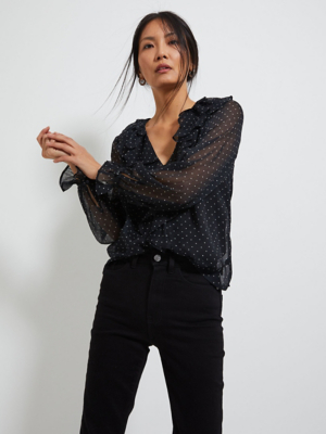Black Spot Chiffon Ruffle Front Blouse | Women | George at ASDA