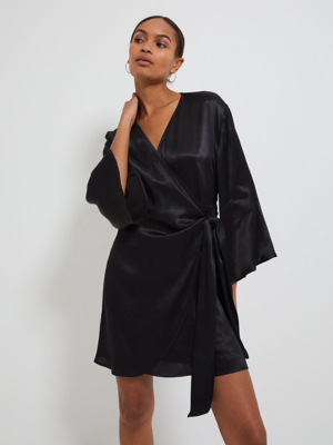 Black Satin Wrap Front Mini Dress | Women | George at ASDA