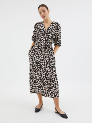 Neutral Leopard Textured Tie Waist Midi Dress | Women | George at ASDA