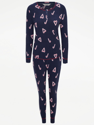 Navy Candy Cane Waffle Fleece Long Sleeve Pyjamas | Lingerie | George ...
