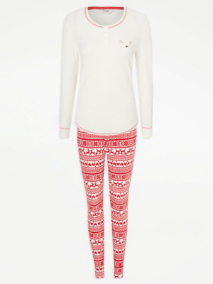 Cream Waffle Fleece Reindeer Fairisle Pyjamas | Lingerie | George at ASDA