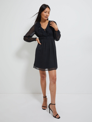 Black Polka Dot Ruffle Front Chiffon Mini Dress | Women | George at ASDA