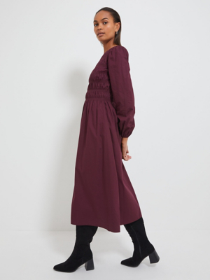 Burgundy Long Sleeve Shirred Midi Dress | Women | George at ASDA
