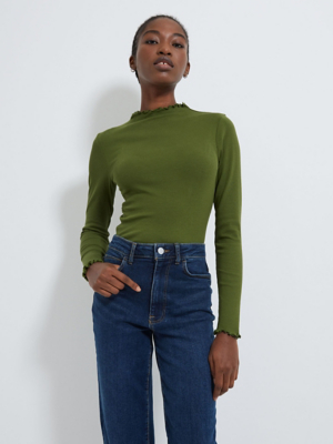 Green Ribbed Lettuce Trim Long Sleeve Top | Women | George at ASDA