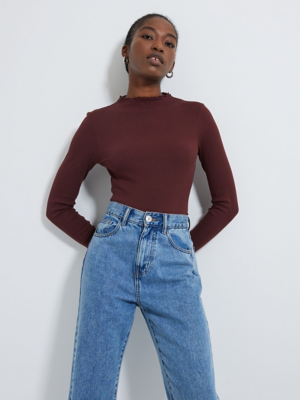 Chocolate Ribbed Lettuce Trim Long Sleeve Top | Women | George at ASDA
