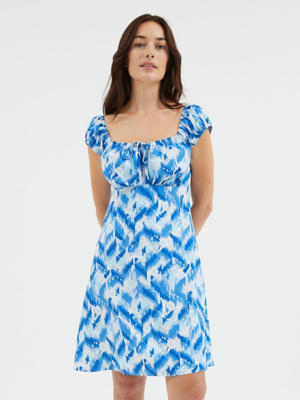 Blue Patterned Ruched Sleeve Mini Dress | Women | George at ASDA