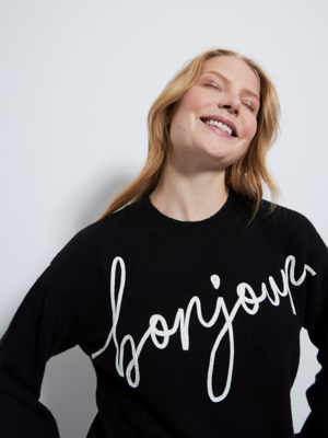 Black Bonjour Slogan Knitted Jumper | Women | George at ASDA