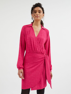 Bright Pink Textured Collared Wrap Dress | Women | George at ASDA
