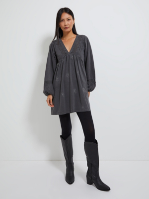 Grey Embroidered Long Sleeve Mini Dress | Women | George at ASDA