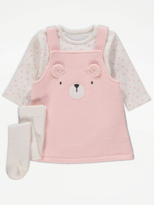 Pink Bear Pinafore Ribbed Bodysuit and Tights Outfit | Baby | George at ...