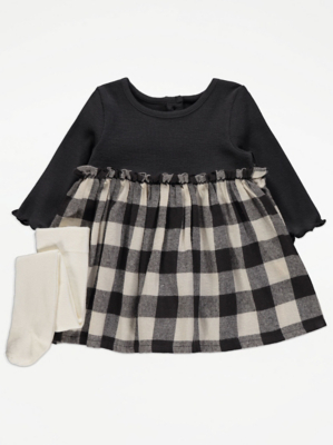 Grey Checked Long Sleeve Dress and Tights Outfit | Baby | George at ASDA