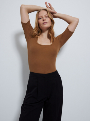 Tan Ribbed Square Neck Top | Women | George at ASDA