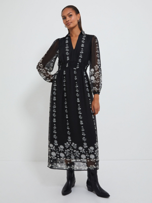 Black Floral Long Sleeve Lightweight Midi Dress | Women | George at ASDA
