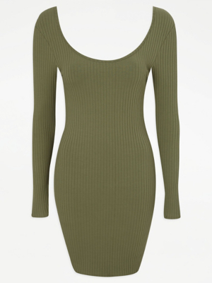 G21 Khaki Ribbed Long Sleeve Mini Dress | Women | George at ASDA