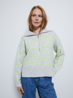 Grey Striped Zip Neck Jumper | Women | George at ASDA