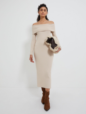 Oatmeal Ribbed Bardot Midi Dress | Women | George at ASDA