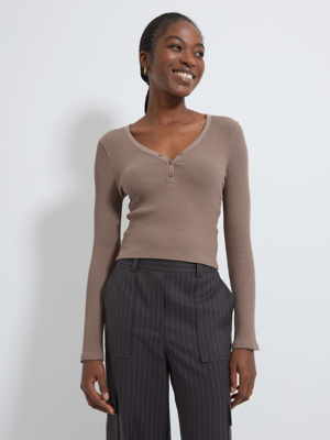 Mocha Ribbed Button V Neck Long Sleeve Top | Women | George at ASDA