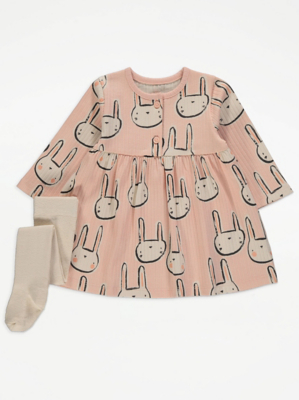 Pink Bunny Ribbed Dress and Tights Outfit | Baby | George at ASDA