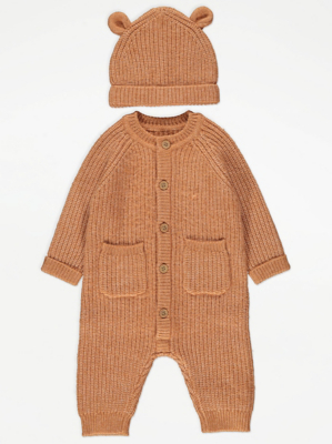 Rust Rib Knit Raglan Sleeve All In One and Hat Outfit | Baby | George ...