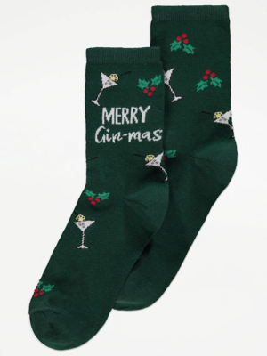 Dark Green Merry Gin-Mas Christmas Scene Socks | Lingerie | George at ASDA