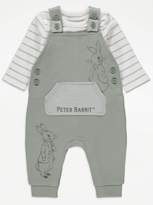 Peter Rabbit White Bodysuit Striped Dungarees and Hat Outfit | Baby ...