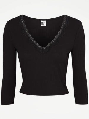 G21 Black Lace Trim Ribbed Long Sleeve Top | Women | George at ASDA
