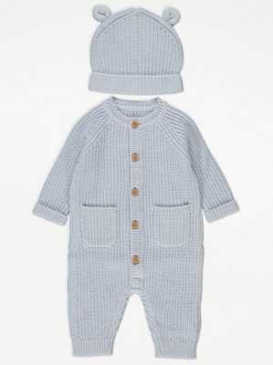 Light Blue Rib Knit Raglan Sleeve All In One and Hat Outfit | Baby ...