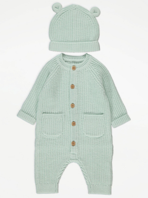 Mint Rib Knit Raglan Sleeve All In One and Hat Outfit | Baby | George ...