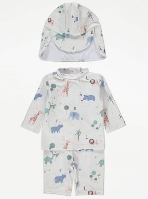 White Safari Animal 3 Piece Sun Safe Swim Set | Baby | George at ASDA