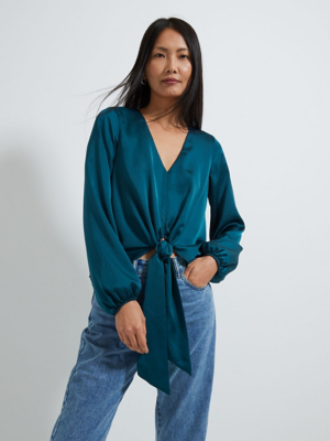 Teal Tie Front Satin Blouse | Women | George at ASDA
