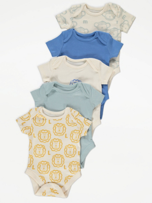 Assorted Safari Animal Short Sleeve Bodysuits 5 Pack | Baby | George at ...