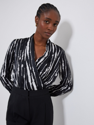 Black Patterned Wrap Front Satin Blouse | Women | George at ASDA