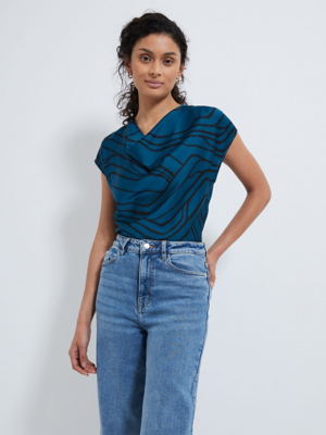 Teal Patterned Cowl Neck Open Back Top | Women | George at ASDA