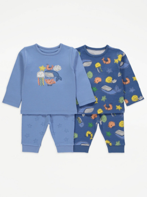 Blue Wildlife Animal Long Sleeve Sleepsuits 3 Pack | Baby | George at ASDA