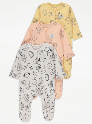Ribbed Animal 2 Way Zip Fastening Sleepsuits 3 Pack | Baby | George at ASDA