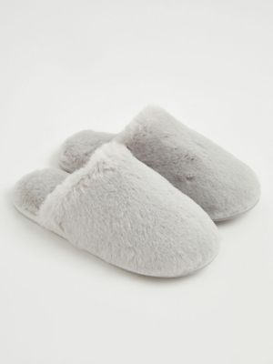 Grey Leopard Faux Fur Full Back Slippers | Lingerie | George at ASDA