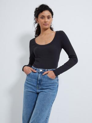 Black Scoop Neck Ribbed Long Sleeve Top | Women | George at ASDA