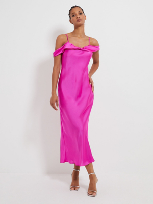 Pink Cold Shoulder Satin Midaxi Dress | Women | George at ASDA