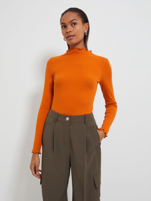 Orange Ribbed Lettuce Trim Long Sleeve Top | Women | George at ASDA