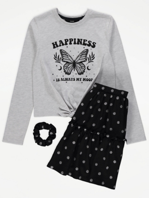 Grey Butterfly Long Sleeve Top Spotty Skirt and Scrunchie Outfit | Kids ...
