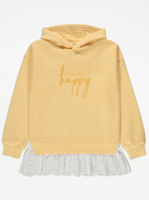 Yellow Forever Happy Slogan Broderie Hoodie | Kids | George at ASDA
