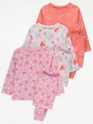 Heart Print Long Sleeve Pyjamas 3 Pack | Kids | George at ASDA